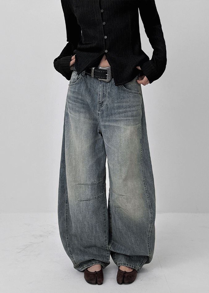 Remel Curved Washed Balloon Wide Denim Pants – BLACKUP